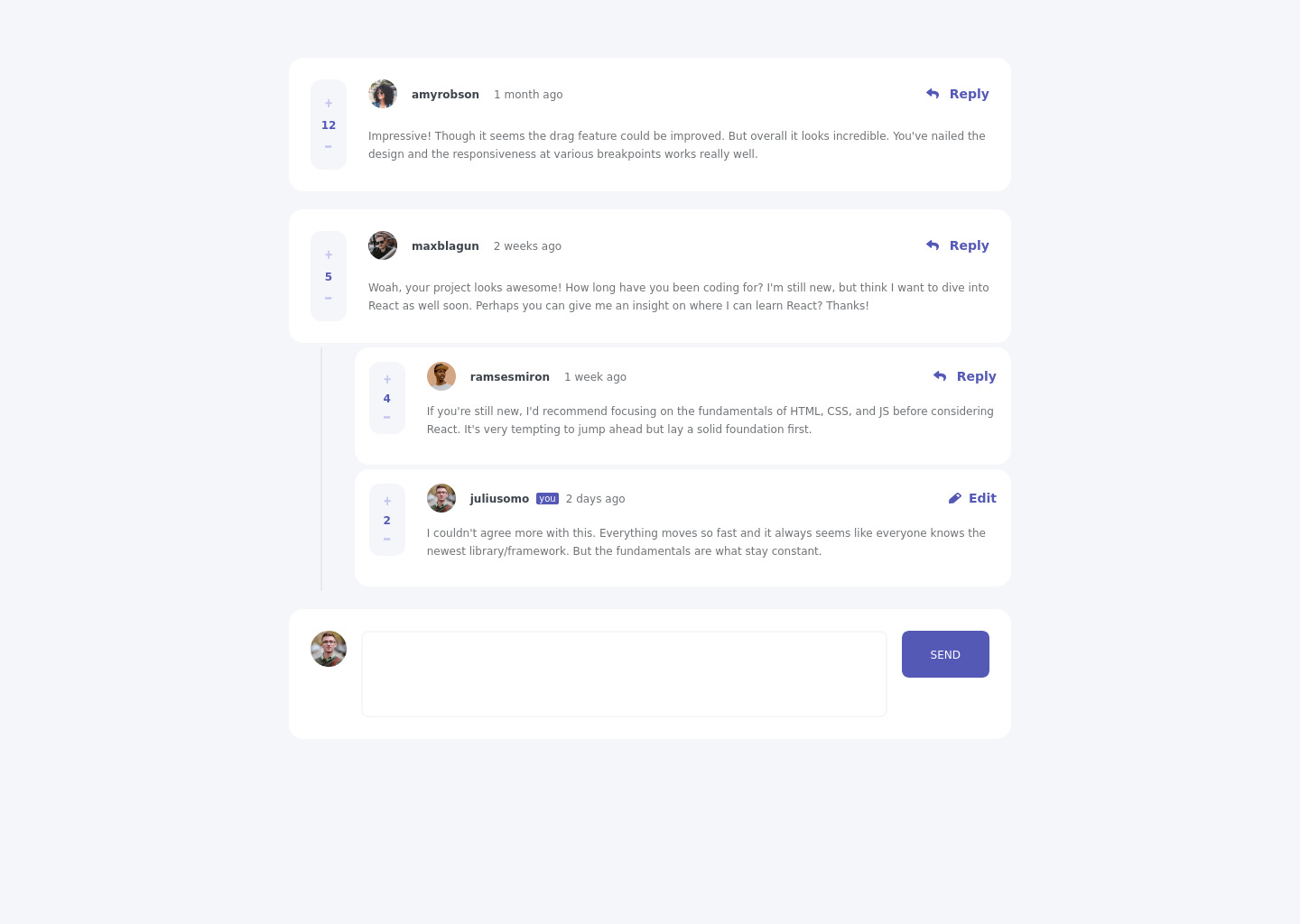 Frontend Mentor | Desktop Comment App Using React coding challenge solution