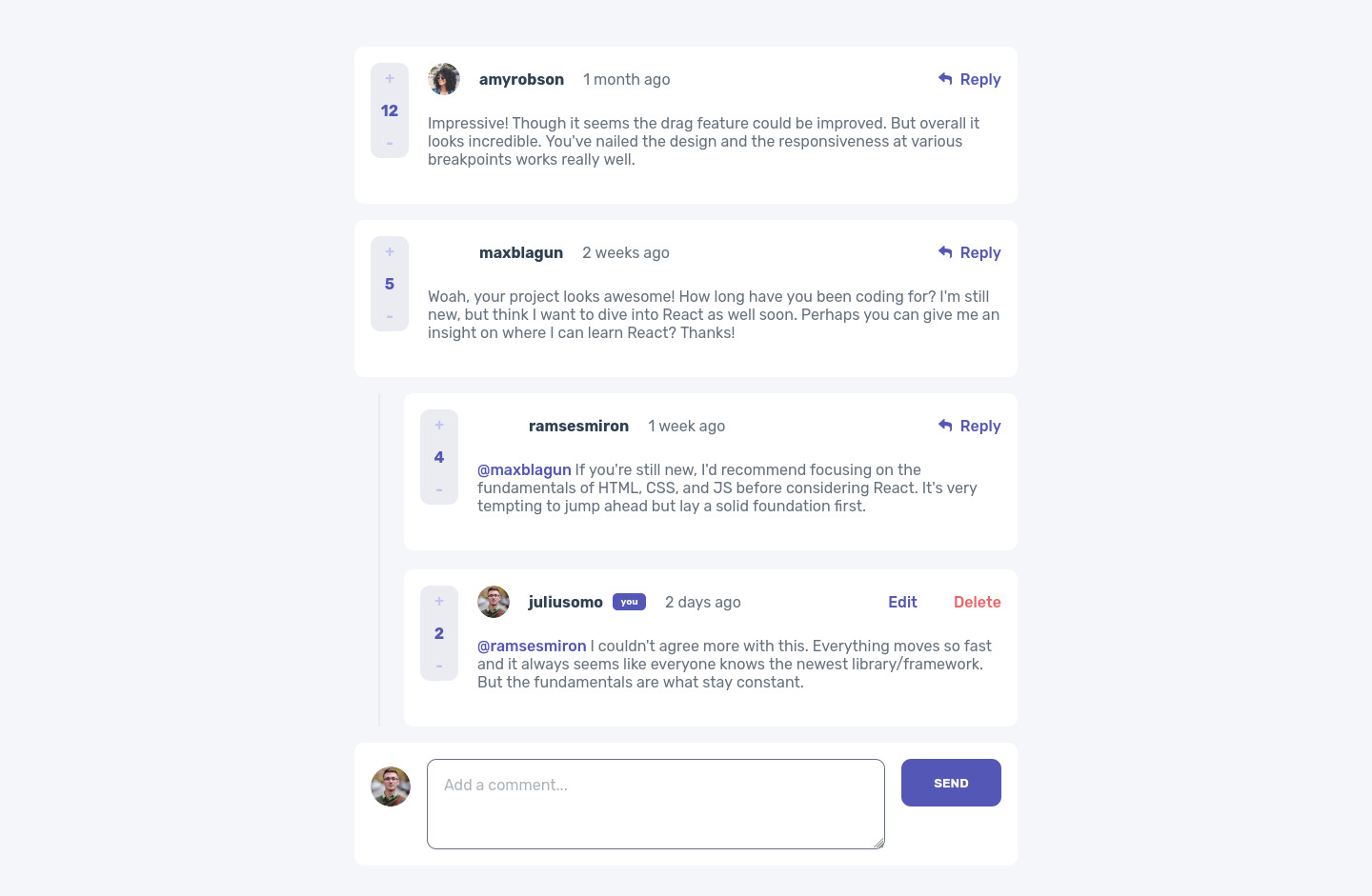 Frontend Mentor | React Interactive Comments Section MERN Stack coding ...