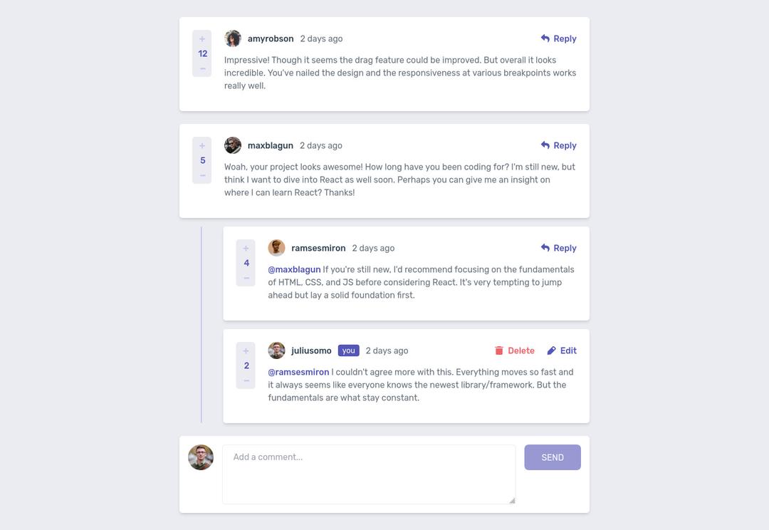 Frontend Mentor | Comments section using ReactJS coding challenge solution