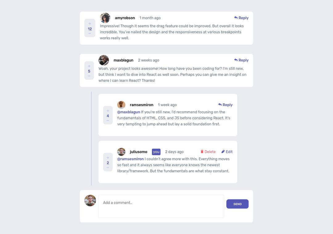 Frontend Mentor | Interactive comments section build with reactjs coding challenge solution