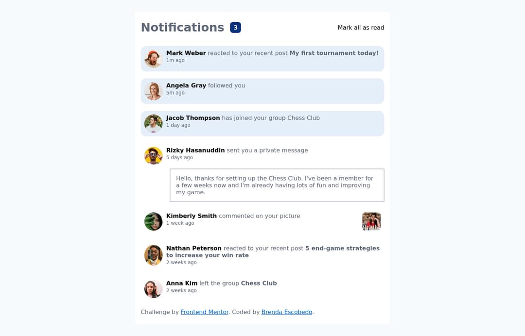 Frontend Mentor | Notifications Page using HTML CSS JS coding challenge solution