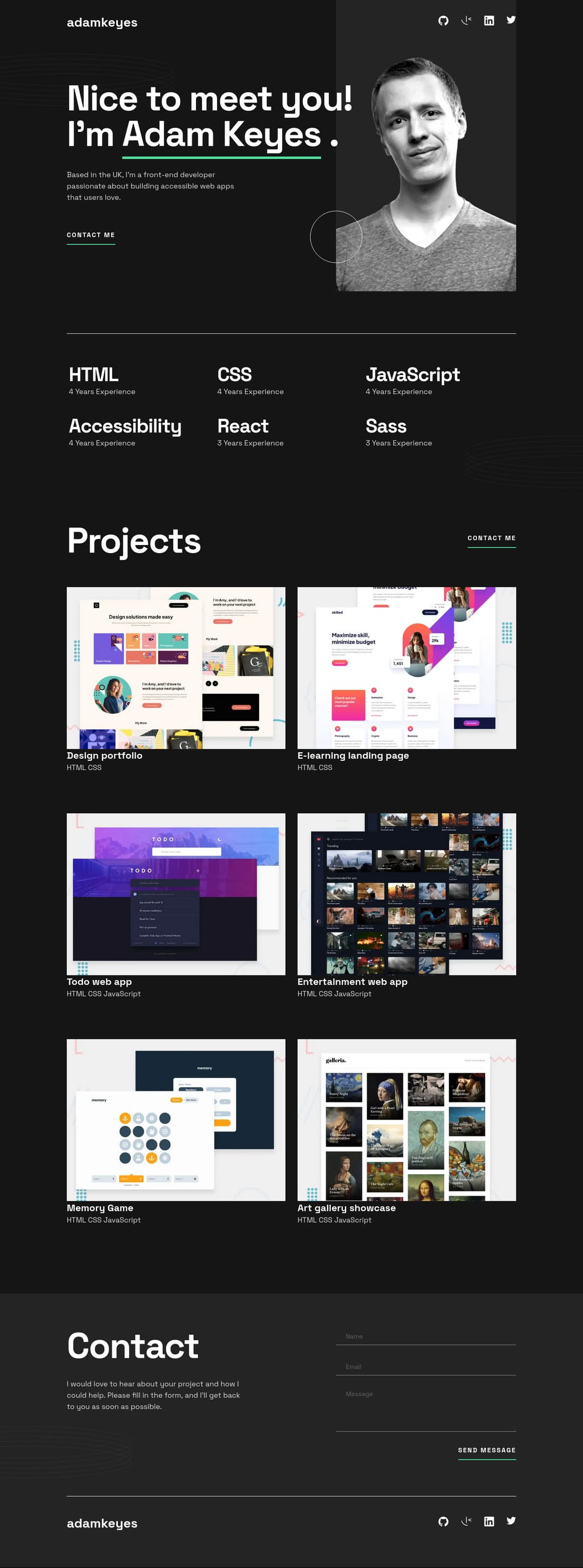 Frontend Mentor | single page developer portfolio coding challenge solution