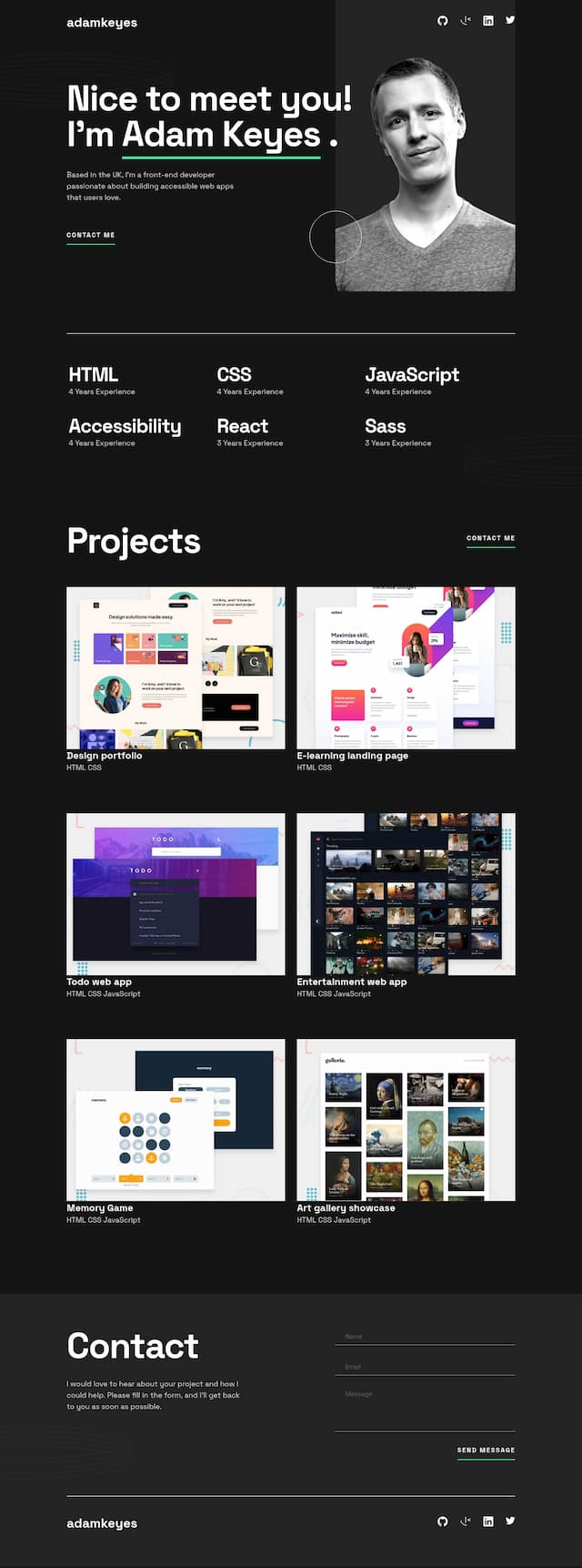 Frontend Mentor | single page developer portfolio coding challenge solution