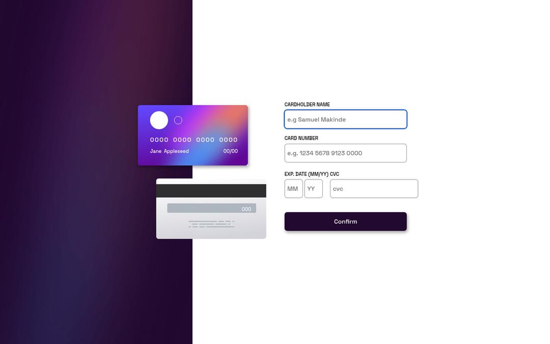 Frontend Mentor | Responsive interactive card details form with javascript coding challenge solution