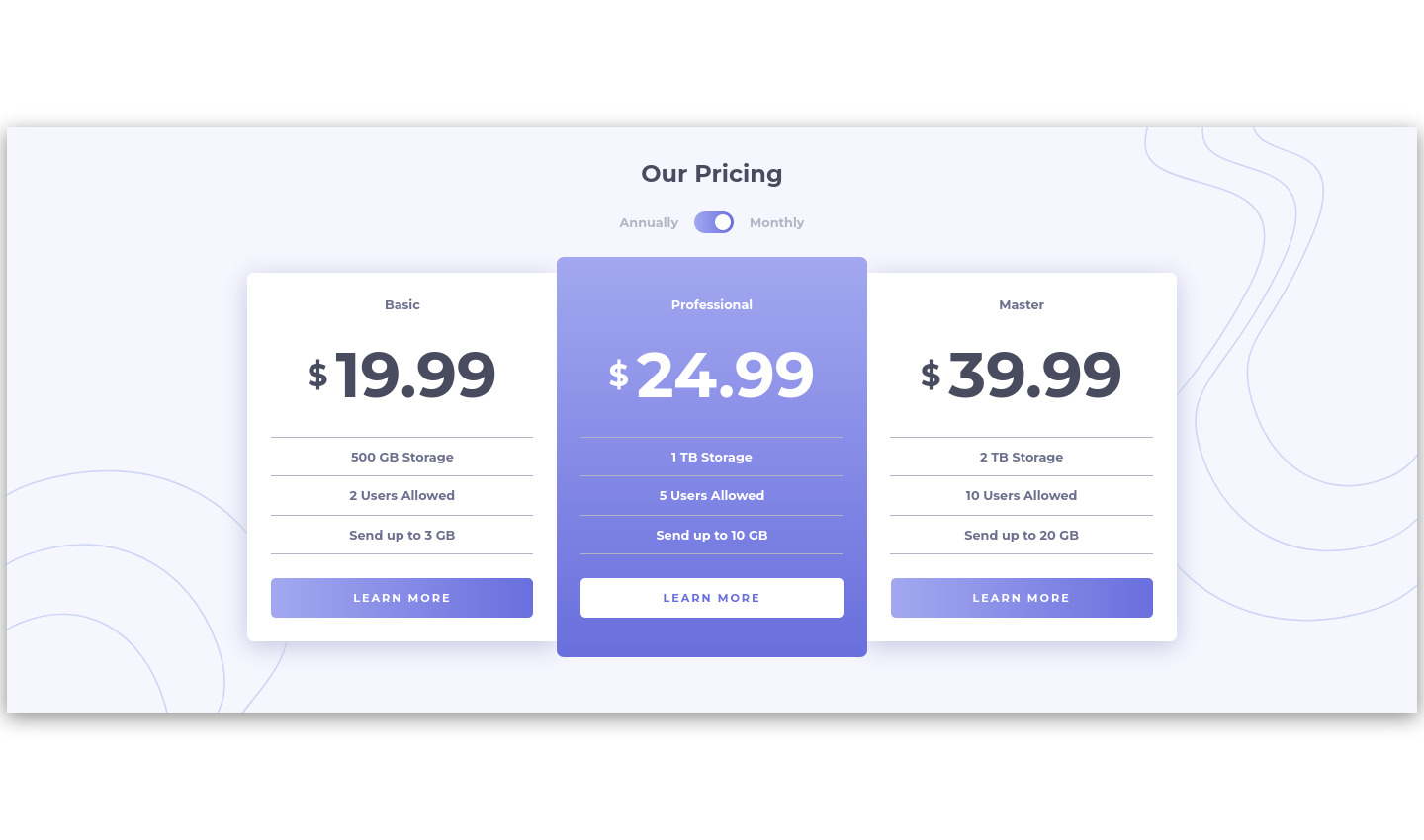Frontend Mentor | pricing component with toggle using html css and javascript coding challenge ...