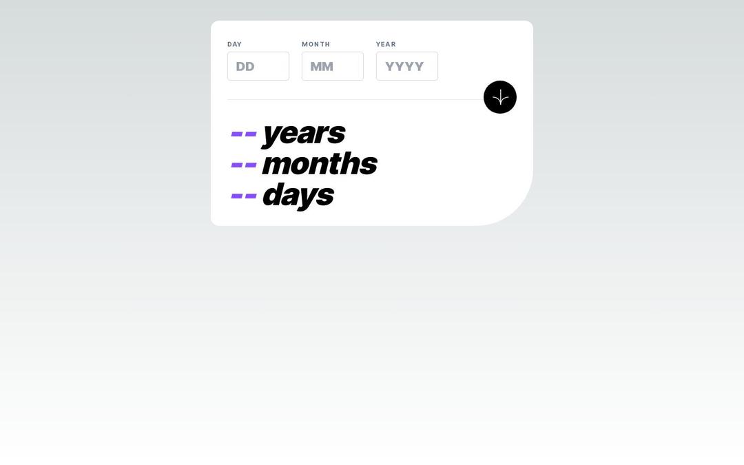 Frontend Mentor | Age calculating App, created using React, TypeScript and TailwindCSS coding ...