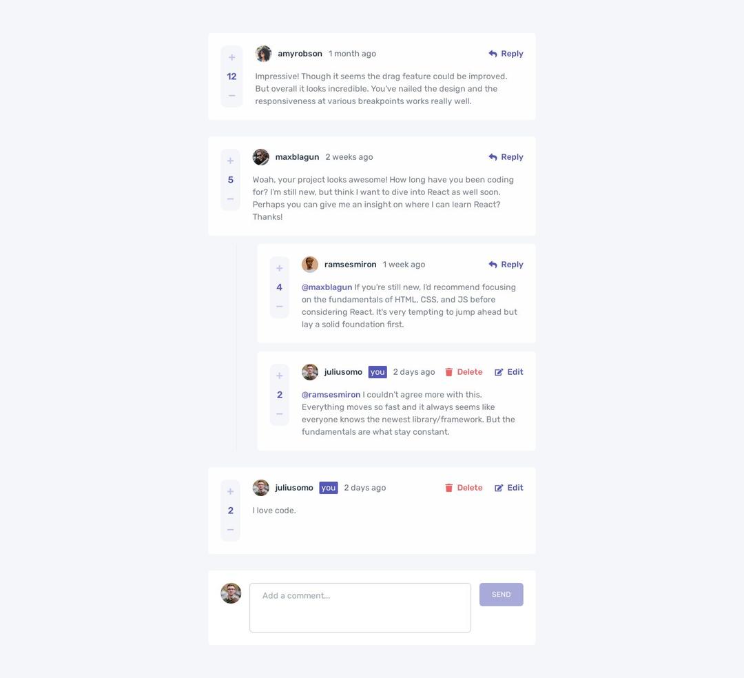 Frontend Mentor | Responsive and interactive comments section using ReactJS&Tailwindcss coding ...