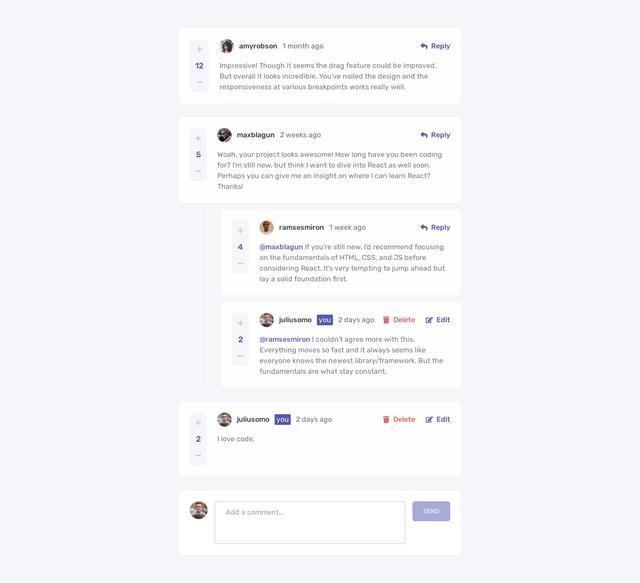 Frontend Mentor | Responsive and interactive comments section using ReactJS&Tailwindcss coding ...