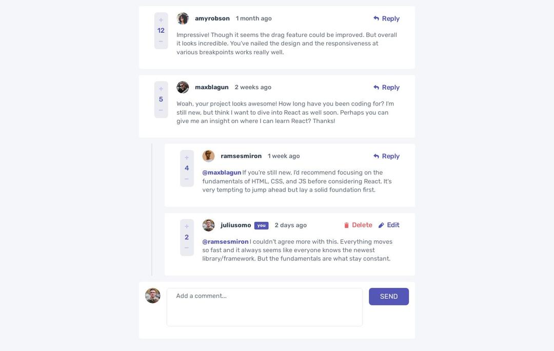 Frontend Mentor | Responsive Comment section using TailWindCSS and ...