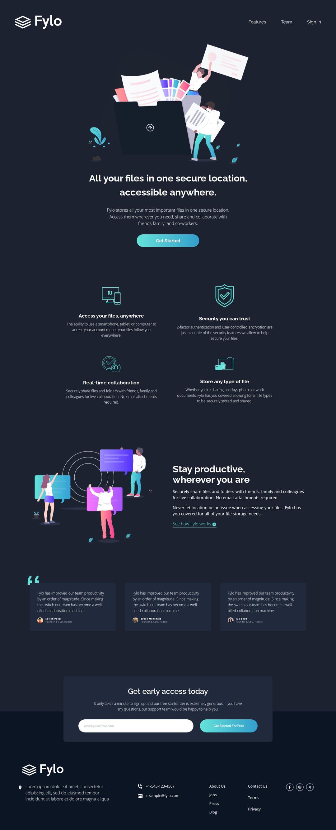 Frontend Mentor | Fylo Landing Page (Dark Theme) built w/ SASS, Tailwind and JavaScript coding ...