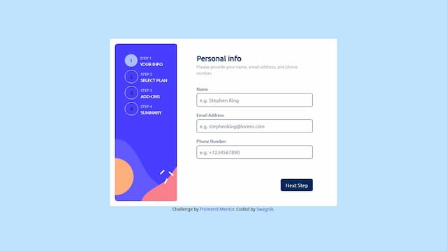 Frontend Mentor | Responsive multi part form using react, redux and tailwind coding challenge ...