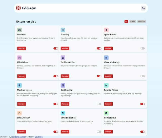 Frontend Mentor | Gerenciador de Extensões de Navegador com Interface Dinâmica coding challenge ...