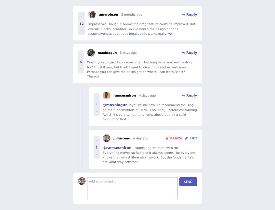 Frontend Mentor Interactive Comments Section With React And Tailwindcss Coding Challenge Solution